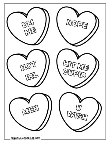 Printable Candy Conversation Hearts Coloring Pages | PDF Format
